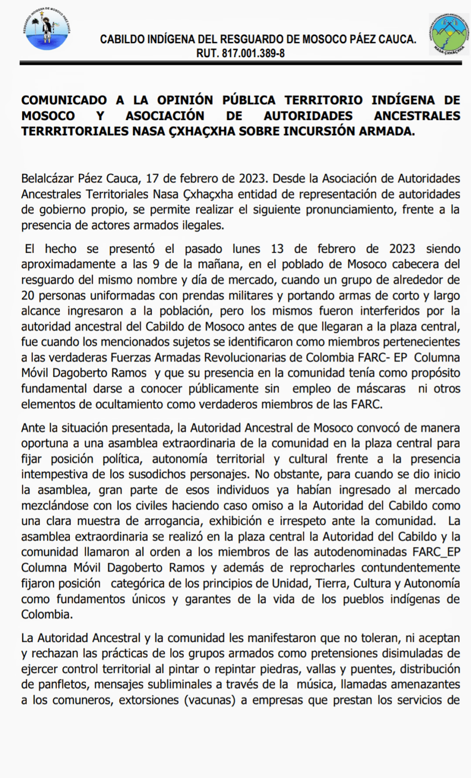 Comunicado a la opinión pública Territorio indígena de Mosoco y ...